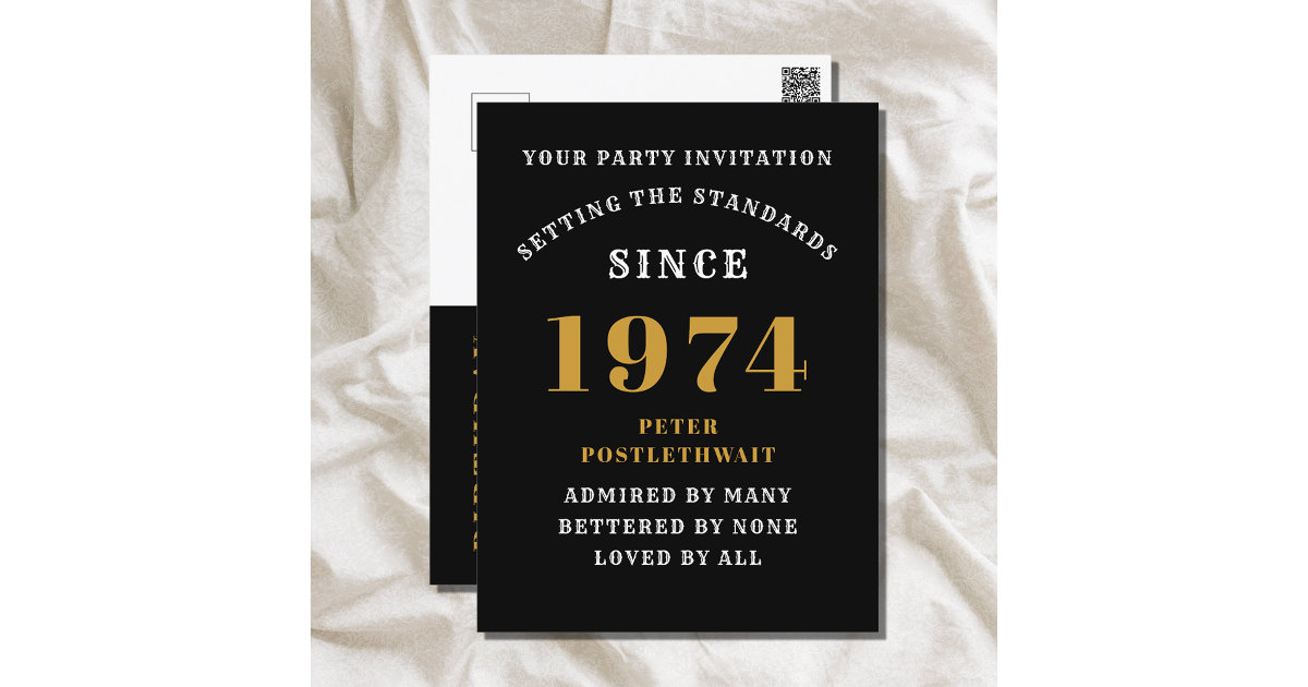 50th Birthday 1974 Black Gold Invitation Postcard | Zazzle