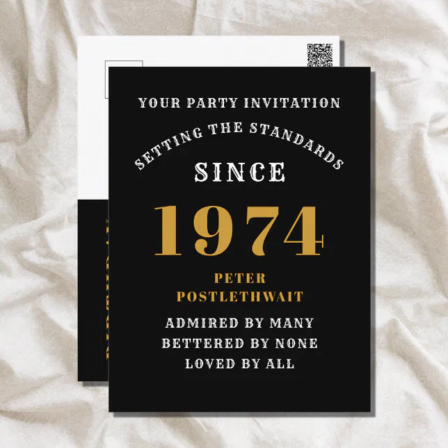 50th Birthday 1974 Black Gold Invitation Postcard | Zazzle