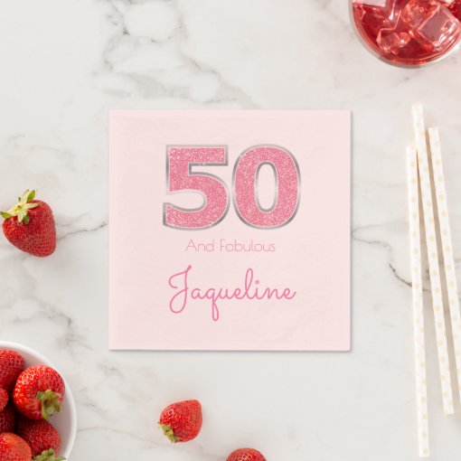 50th Birthday 50 And Fabulous Girly Pink Glitter Napkins | Zazzle