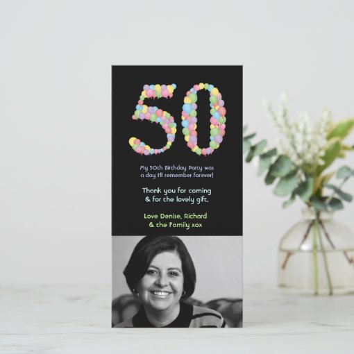 50th Birthday Balloons Thank You Photo Card | Zazzle