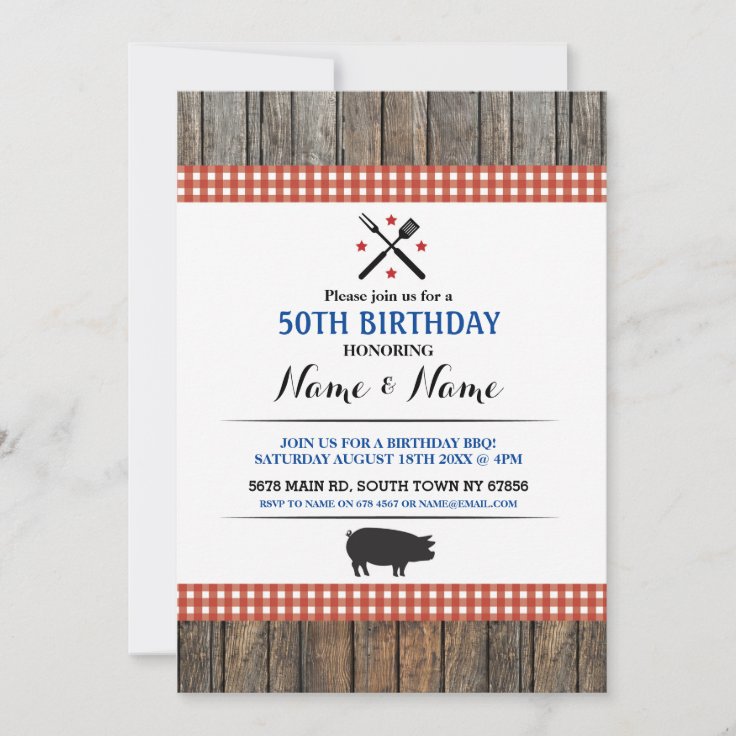 50th Birthday BBQ Any Age Rustic Red Hog Roast Invitation | Zazzle