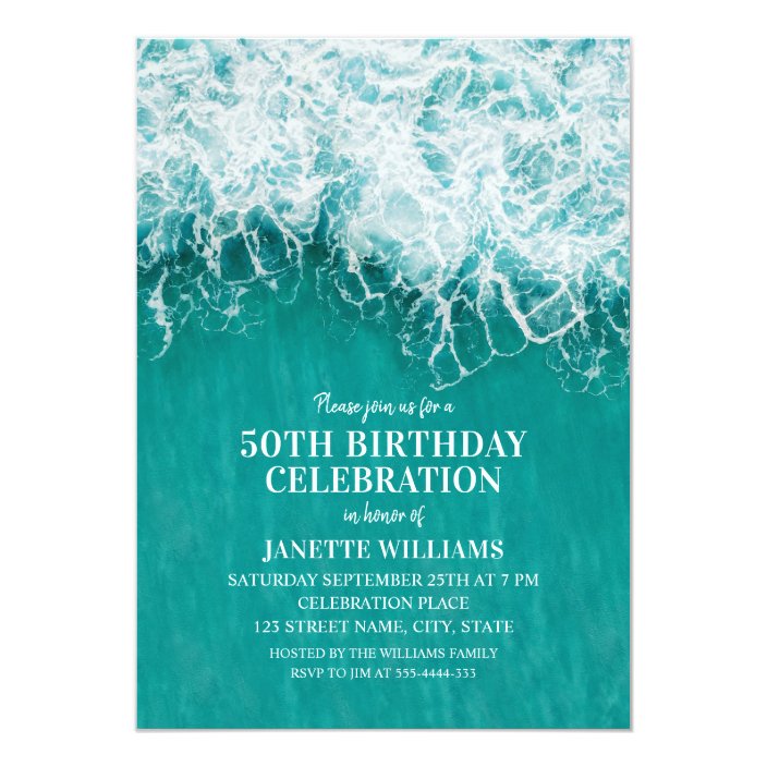 50th Birthday Beach Wave Turquoise Ocean Nautical Invitation | Zazzle.com