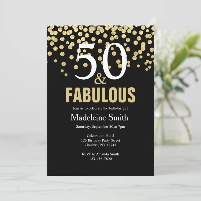 50th Birthday Black and Gold Confetti Party Invitation | Zazzle