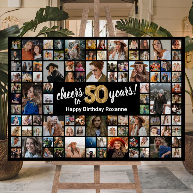 50th Birthday Black Gold 100 Photo Collage Foam Board | Zazzle