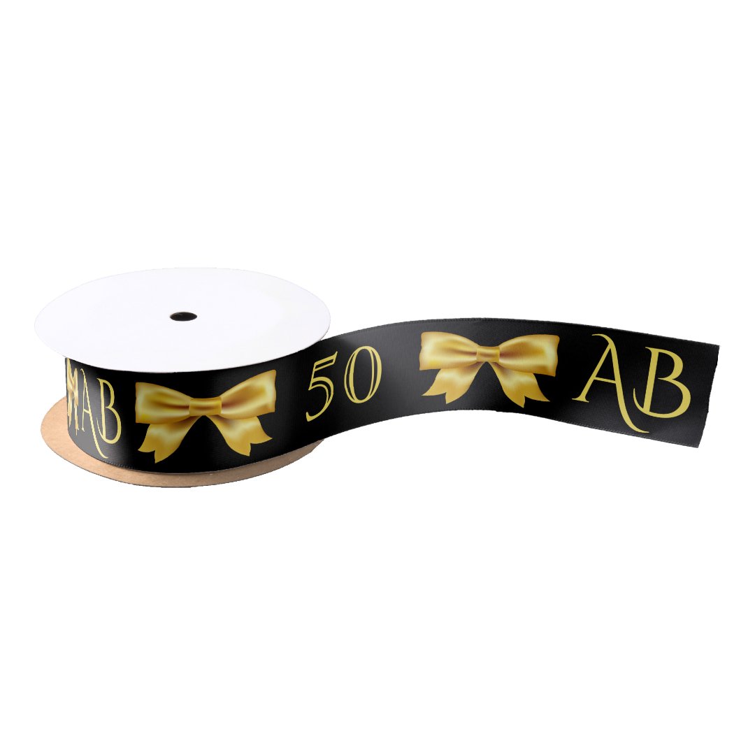 50th birthday black gold bows monogram initials satin ribbon | Zazzle