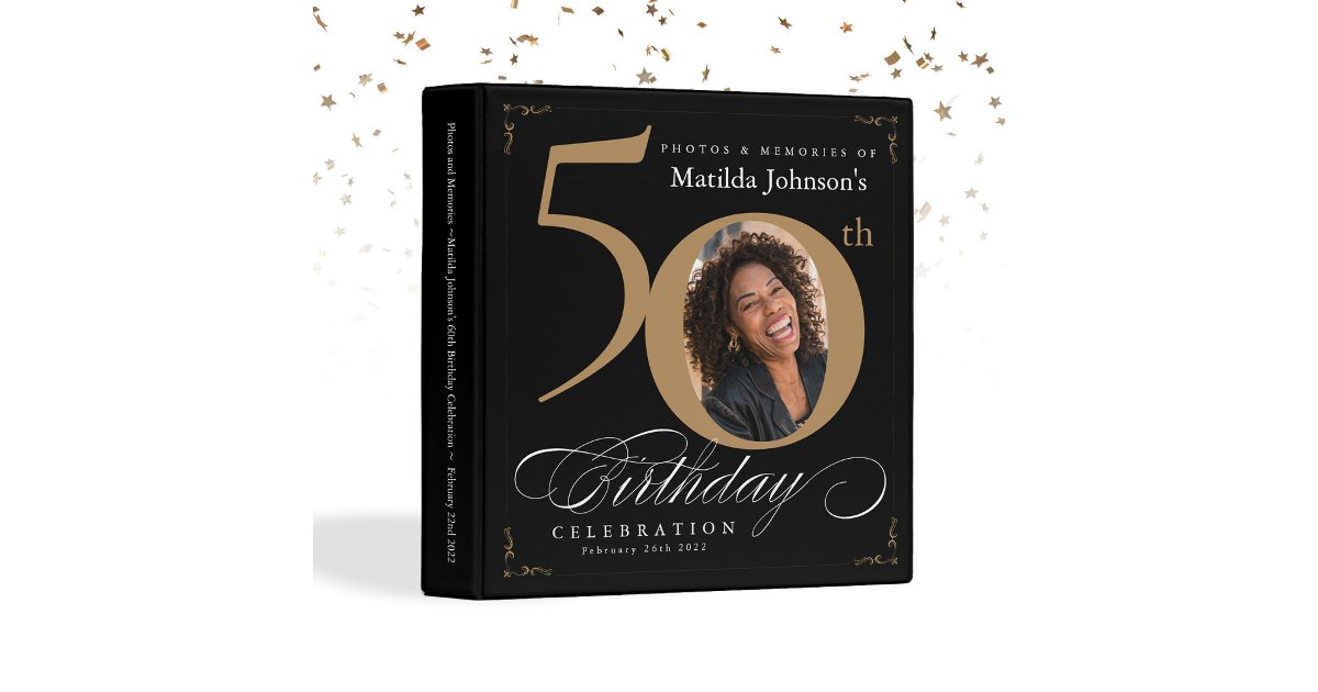 50th Birthday Black Gold Calligraphy Elegant Photo 3 Ring Binder | Zazzle