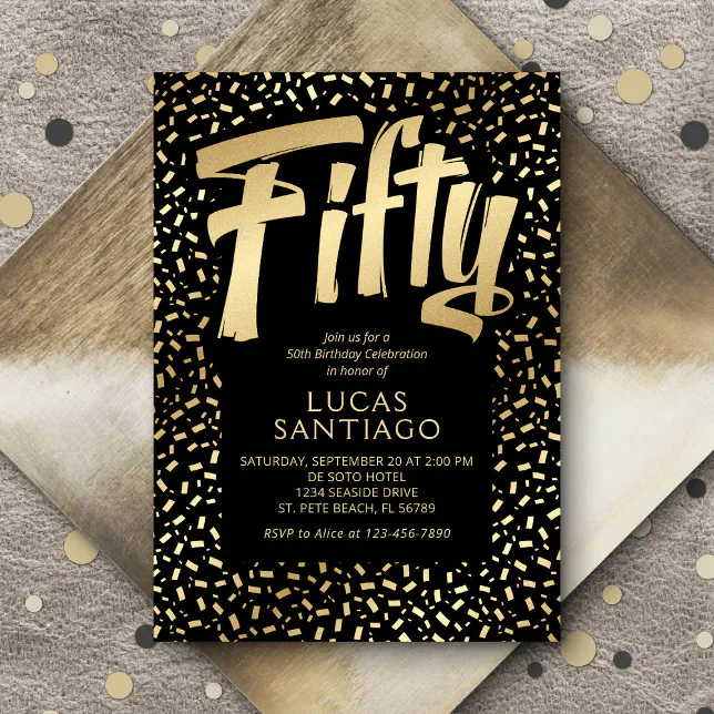 50th Birthday Black Gold Confetti Invitation | Zazzle