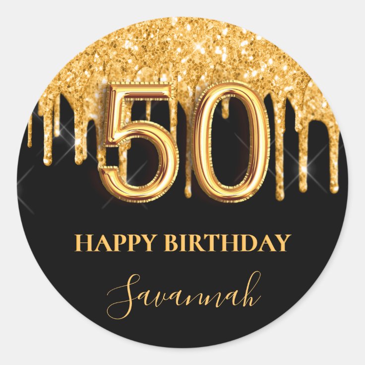 50th Birthday Black Gold Glitter Balloon Party Classic Round Sticker