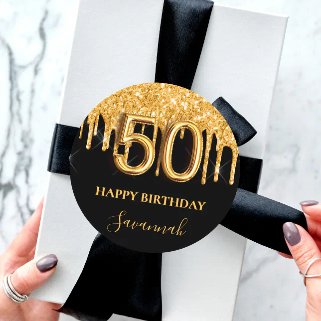 50th Birthday Black Gold Glitter Balloon Party Classic Round Sticker