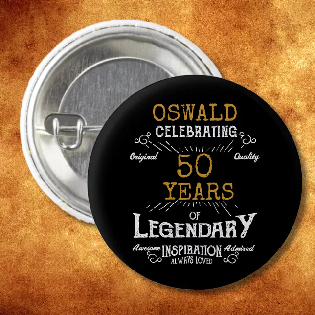 50th Birthday Black Gold Legendary Retro Button | Zazzle