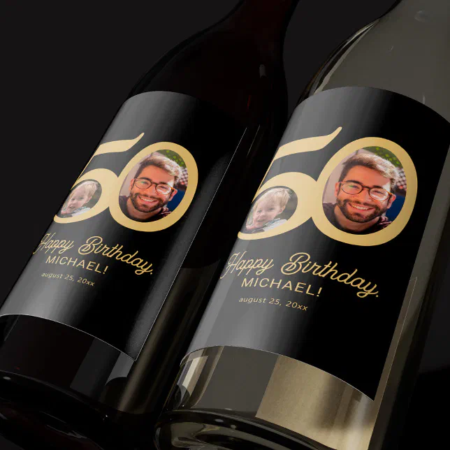 50th birthday black gold modern photo wine label | Zazzle
