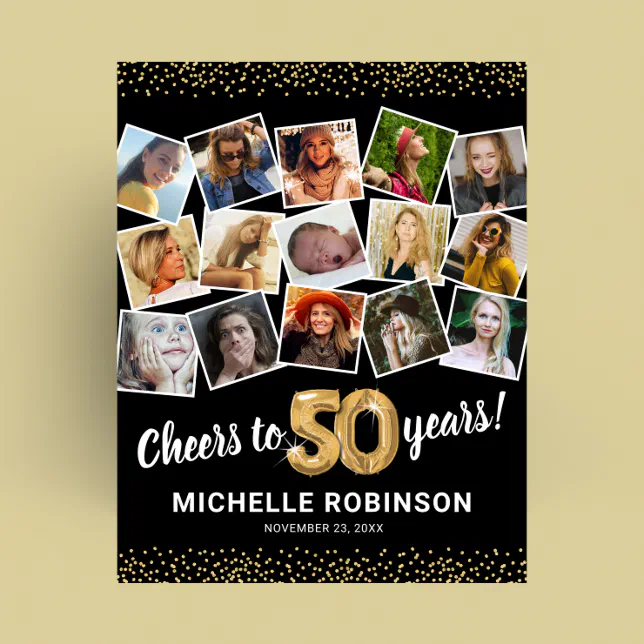 50th Birthday Black Gold Photo Party Poster Zazzle
