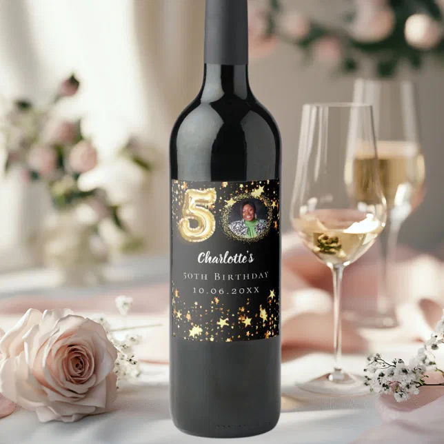50th birthday black gold stars photo wine label | Zazzle