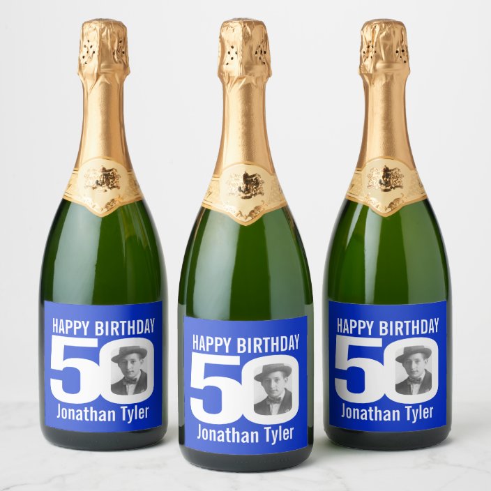 50th Birthday blue custom photo name label | Zazzle.com