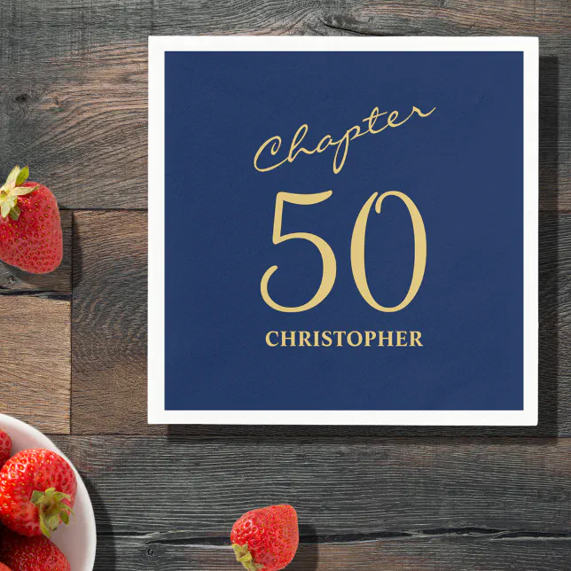 50th Birthday Blue Gold Chapter 50 Napkins | Zazzle