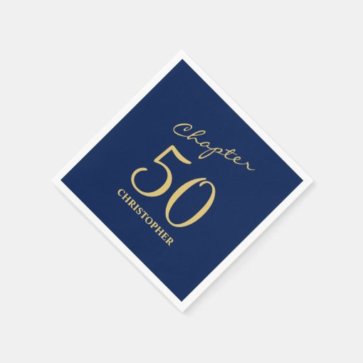 50th Birthday Blue Gold Chapter 50 Napkins | Zazzle