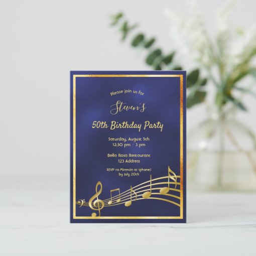 50th birthday blue gold music notes invitation | Zazzle