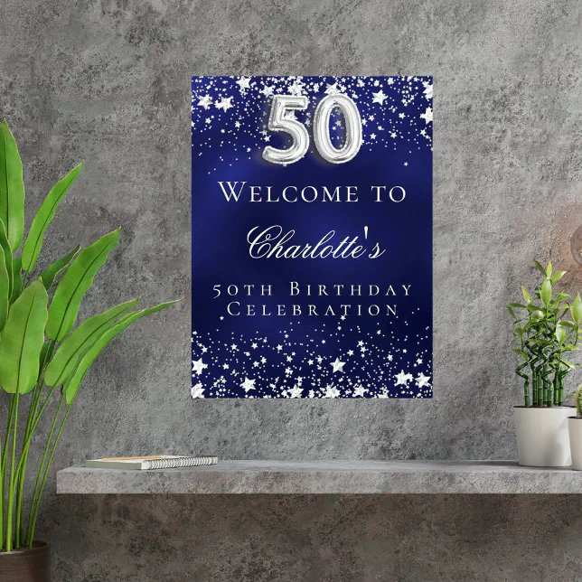 50th Birthday blue silver stars welcome party Poster | Zazzle