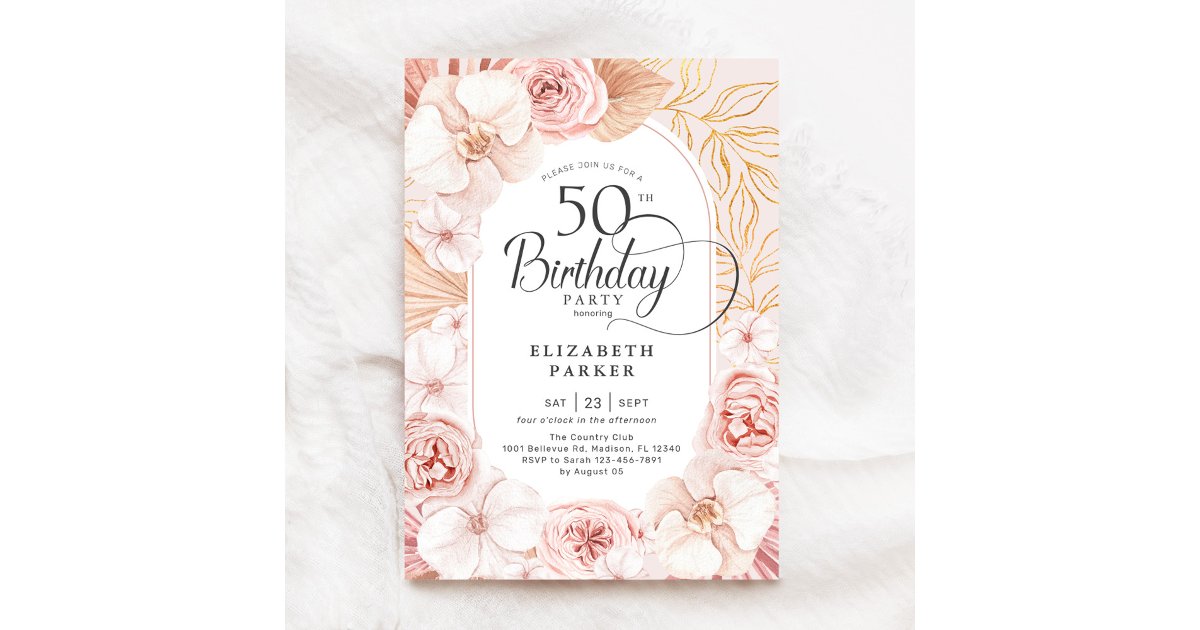 50th Birthday Blush Pink Gold Floral Invitation | Zazzle