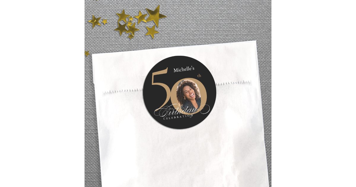 50th Birthday Calligraphy Gold Black Elegant Photo Classic Round ...