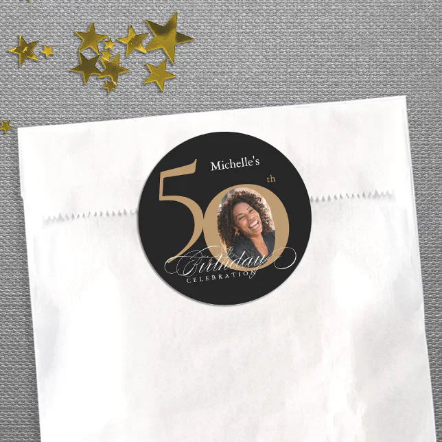 50th Birthday Calligraphy Gold Black Elegant Photo Classic Round ...