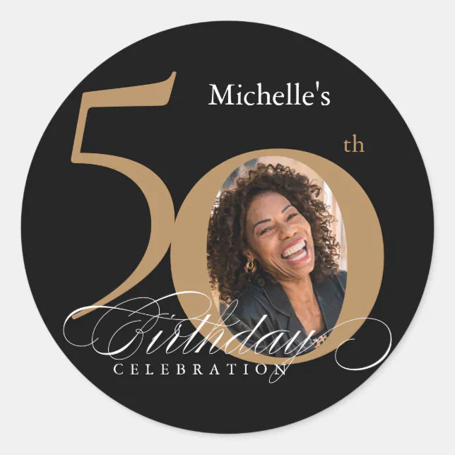 50th Birthday Calligraphy Gold Black Elegant Photo Classic Round ...