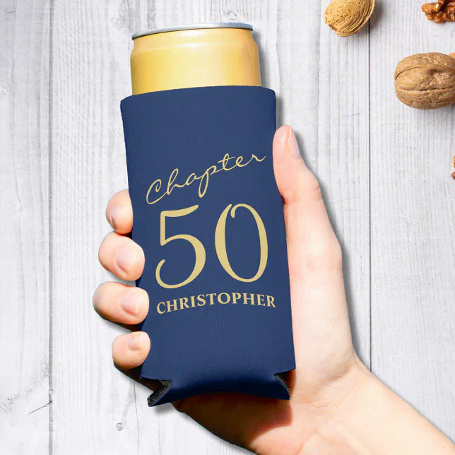 50th Birthday Chapter 50 Blue Gold Seltzer Can Cooler | Zazzle