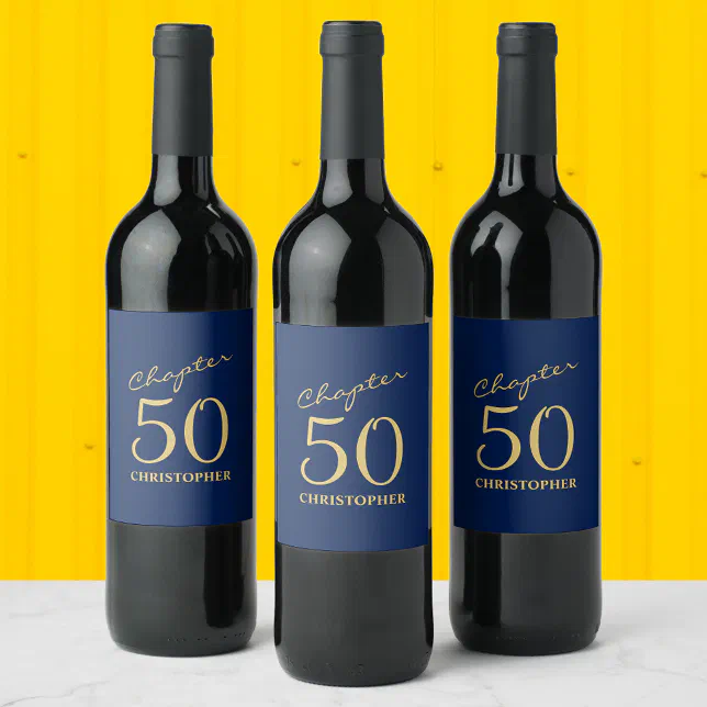 50th Birthday Chapter 50 Blue Gold Wine Label | Zazzle