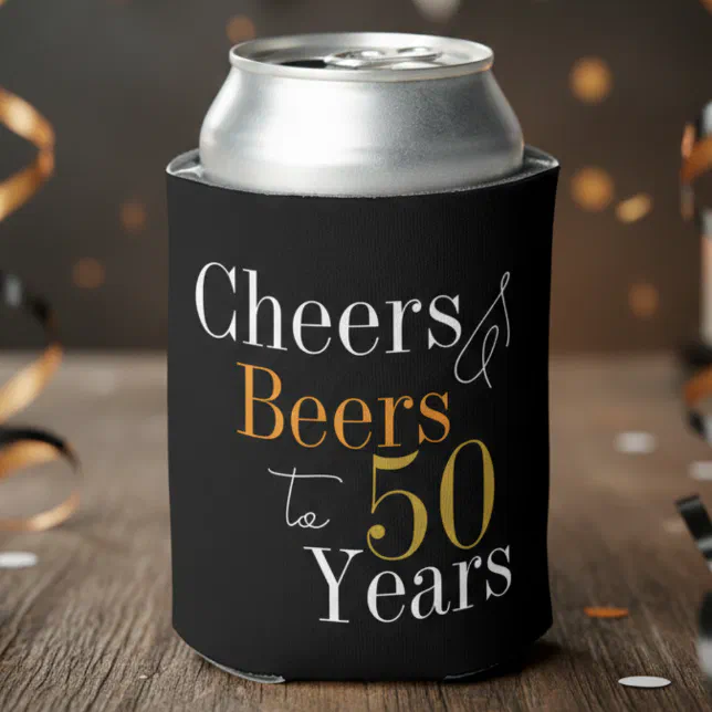 50th Birthday Cheers and Beers Black Gold Party Can Cooler | Zazzle