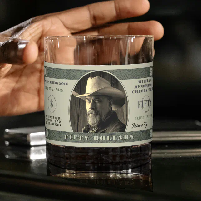 50th Birthday Cheers to 50 Dollar Bill Whiskey Glass | Zazzle