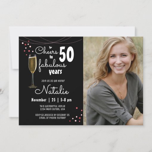 50th Birthday Cheers to Fifty Fabulous Years Black Invitation | Zazzle