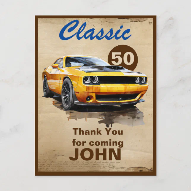 50th Birthday Classic Muscle Car Thank You Postcard | Zazzle