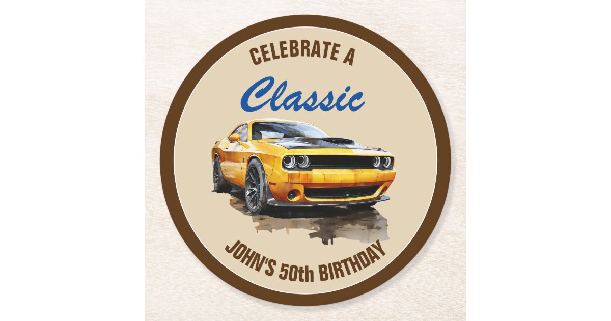50th Birthday Classic Yellow Muscle Car Round Paper Coaster | Zazzle