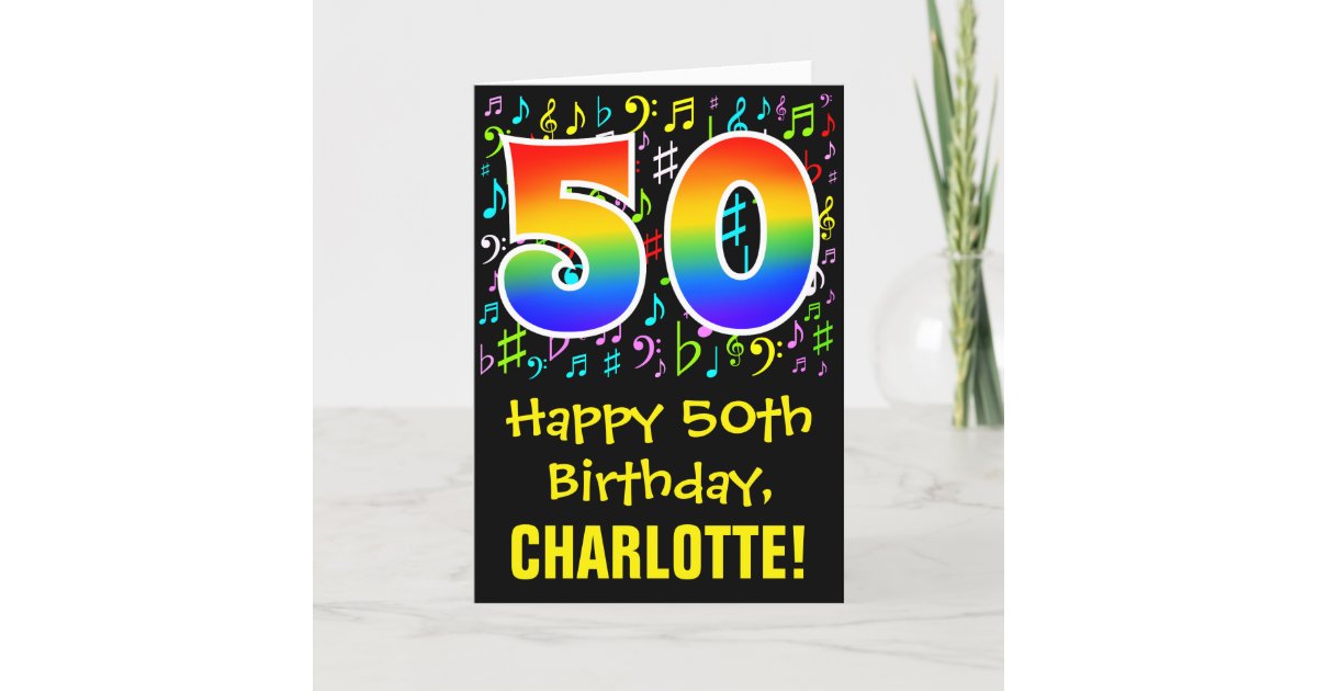 50th Birthday: Colorful Music Symbols + Rainbow 50 Card | Zazzle