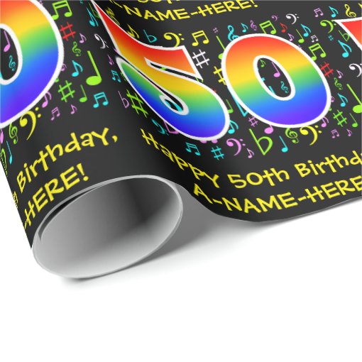 50th Birthday: Colorful Music Symbols, Rainbow 50 Wrapping Paper | Zazzle