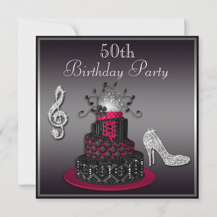 50th Birthday Disco Diva Cake and Heels Hot Pink Invitation | Zazzle
