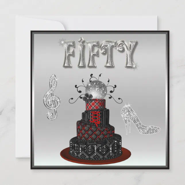50th Birthday Disco Diva Cake Silver Sparkle Heels Invitation | Zazzle