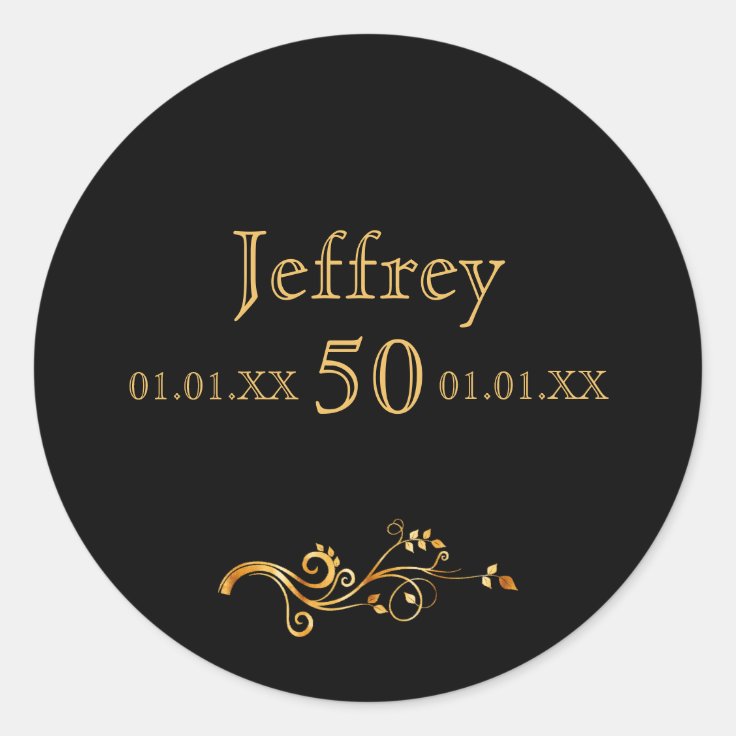 50th birthday elegant black and gold classic round sticker | Zazzle
