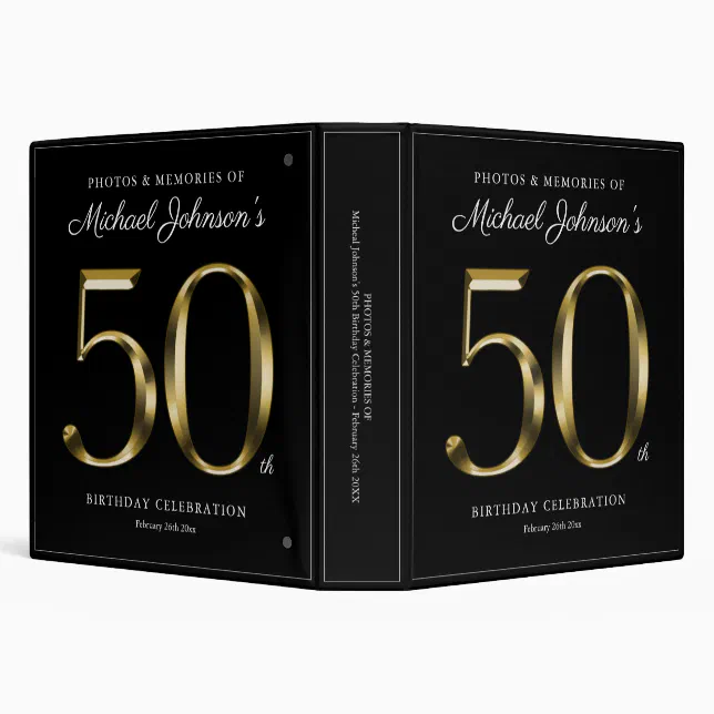 50th Birthday Elegant Black and Gold Text Custom 3 Ring Binder | Zazzle