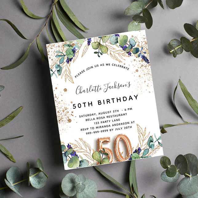 50th birthday eucalyptus budget invitation flyer | Zazzle