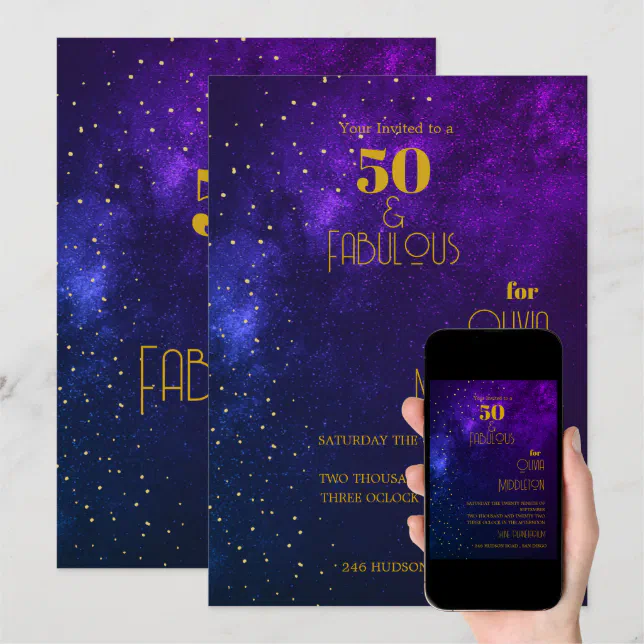 50th Birthday Evening Sky Astral Gold Stars Purple Invitation | Zazzle