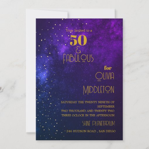 50th Birthday Evening Sky Astral Gold Stars Purple Invitation | Zazzle