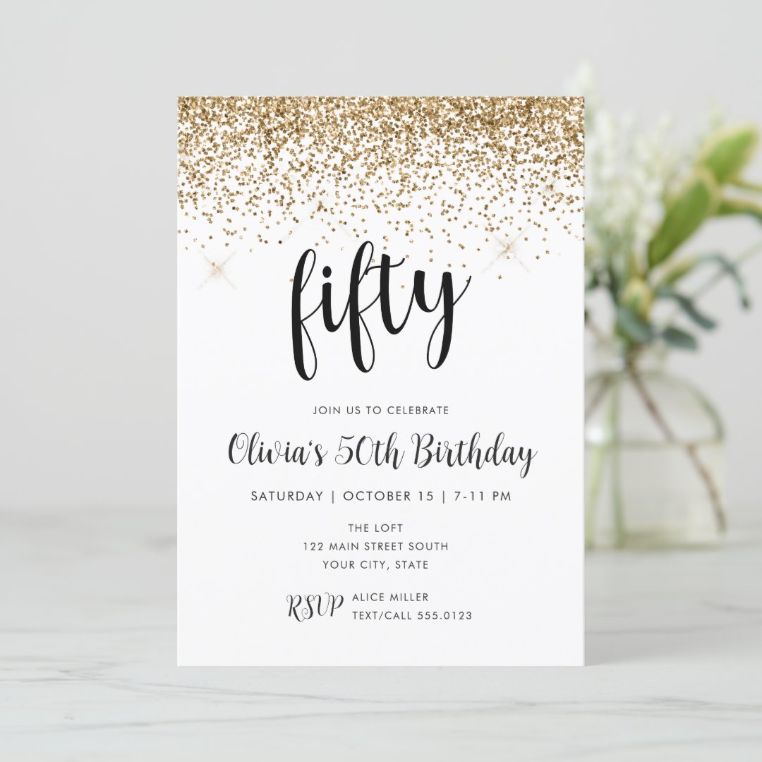 50th Birthday Fifty Gold Glitter Confetti Invitation | Zazzle