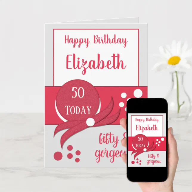 50th birthday fifty gorgeous grey and red card | Zazzle
