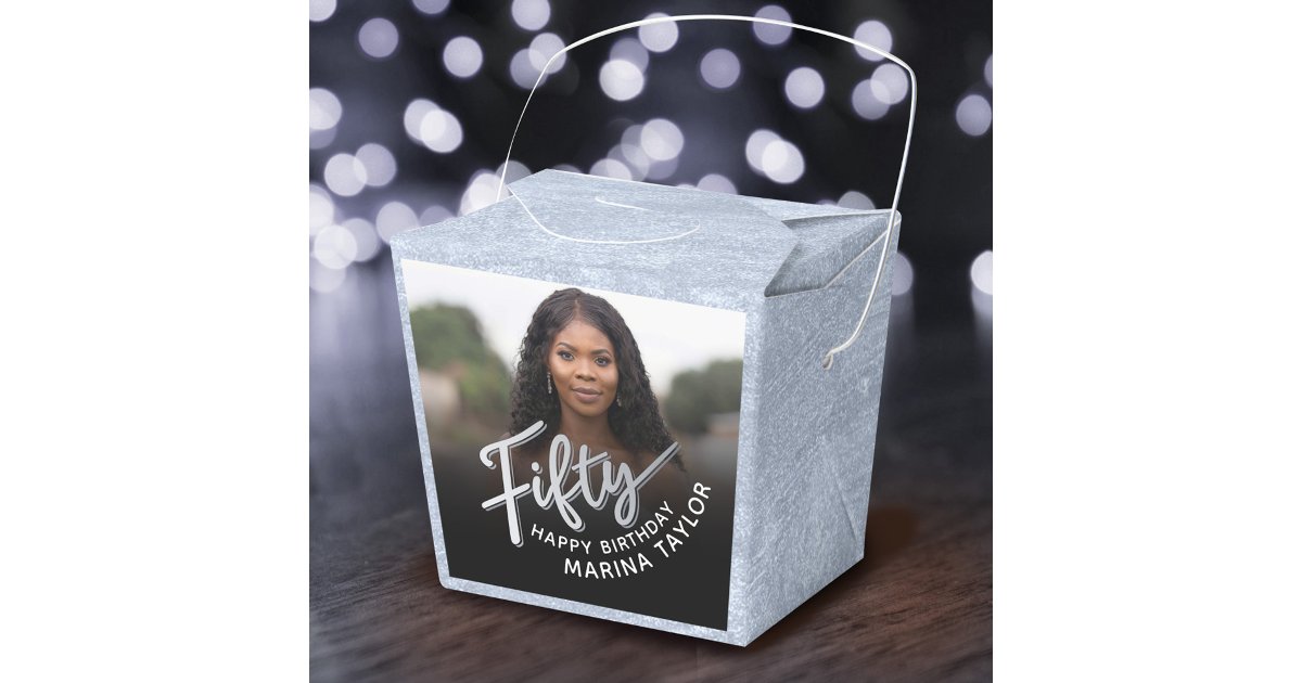 50th birthday Fifty script silver black photo Favor Boxes | Zazzle