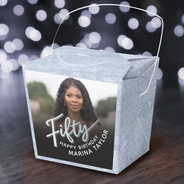 50th birthday Fifty script silver black photo Favor Boxes | Zazzle