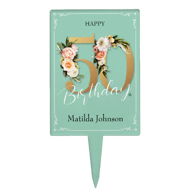 50th Birthday Floral Mint Gold Vintage Glamorous Cake Topper | Zazzle