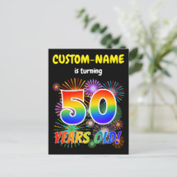 50th Birthday - Fun Fireworks, Rainbow Look "50" Postcard | Zazzle