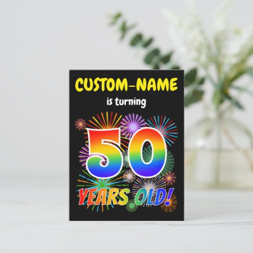50th Birthday - Fun Fireworks, Rainbow Look "50" Postcard | Zazzle