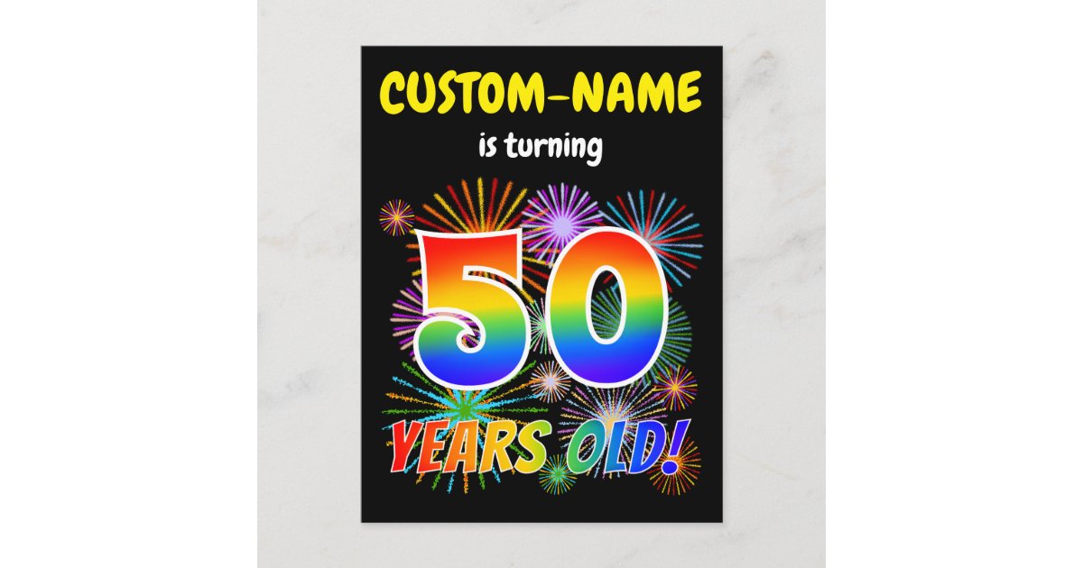 50th Birthday - Fun Fireworks, Rainbow Look "50" Postcard | Zazzle